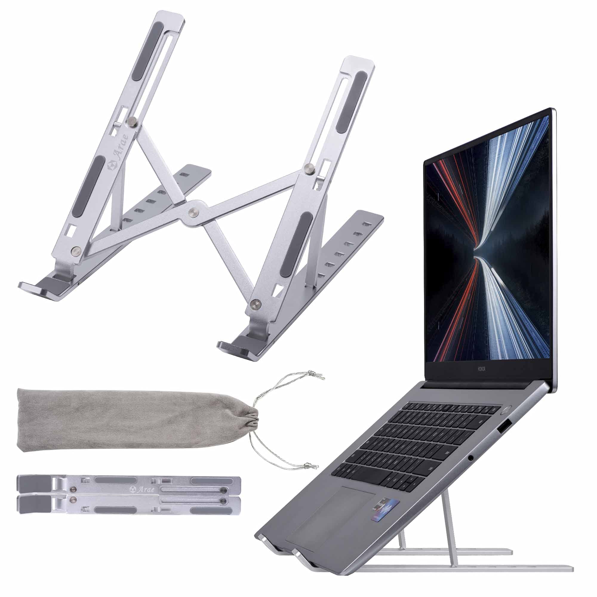 Arae Laptop Stand for Desk, Adjustable Ergonomic Portable Aluminum Laptop Holder, Foldable Computer Stand 7 Angles Anti-Slip Laptop Riser Compatible with 9-15.6 inch Laptops, Silver