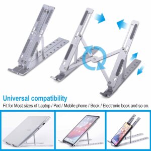 Arae Laptop Stand for Desk, Adjustable Ergonomic Portable Aluminum Laptop Holder, Foldable Computer Stand 7 Angles Anti-Slip Laptop Riser Compatible with 9-15.6 inch Laptops, Silver