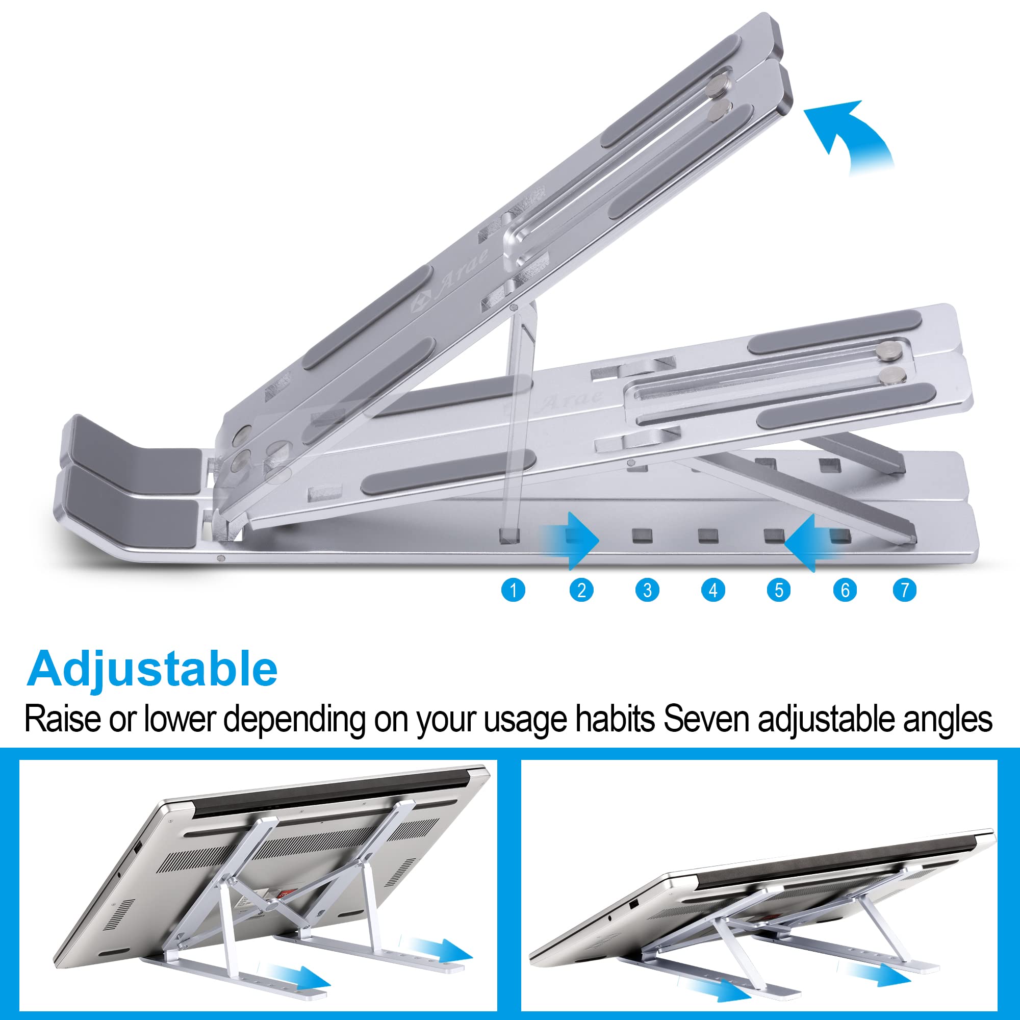 Arae Laptop Stand for Desk, Adjustable Ergonomic Portable Aluminum Laptop Holder, Foldable Computer Stand 7 Angles Anti-Slip Laptop Riser Compatible with 9-15.6 inch Laptops, Silver