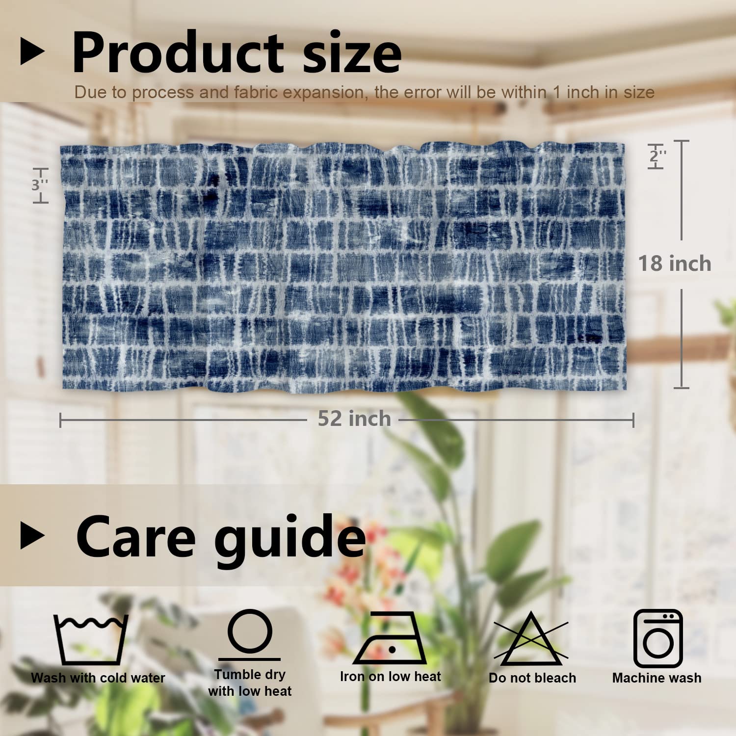 BaoNews Abstract Indigo Kitchen Valances Window Curtain, Blue Check Abstract Indigo Tie Dyed Grid Navy Blackout Decoration Small Window Valances Curtains Drapes Kitchen Bedroom, 52 X 18 Inch