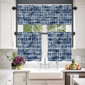 BaoNews Abstract Indigo Kitchen Valances Window Curtain, Blue Check Abstract Indigo Tie Dyed Grid Navy Blackout Decoration Small Window Valances Curtains Drapes Kitchen Bedroom, 52 X 18 Inch