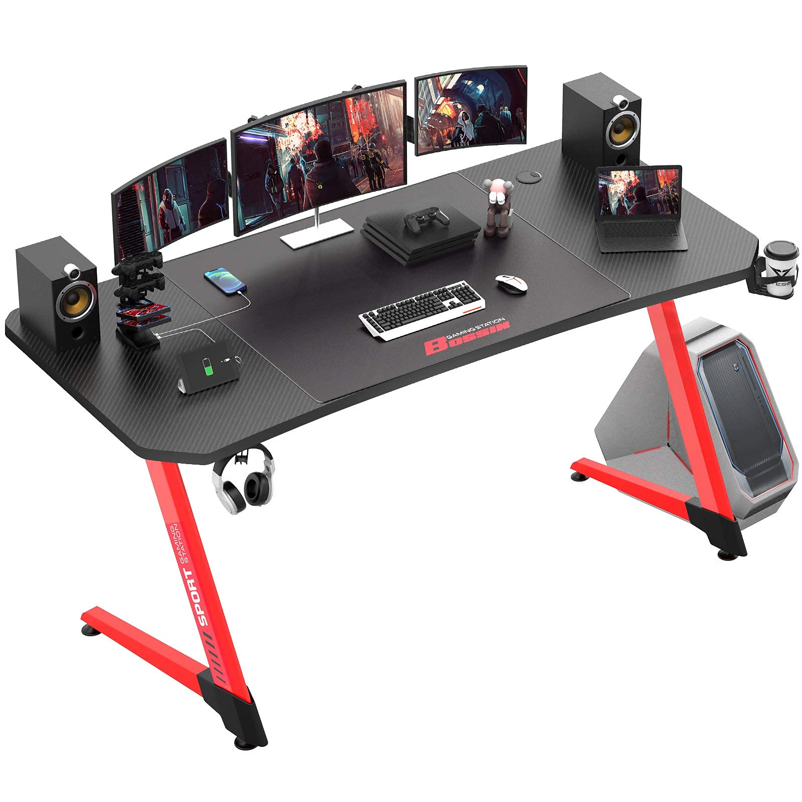 VITESSE Gaming Desk 63 Inch, Ergonomic Gamer Computer Desk with Mouse Pad, PC Gaming Tables with Gaming Handle Rack, Cup Holder Headphone Hook