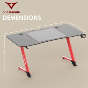 VITESSE Gaming Desk 63 Inch, Ergonomic Gamer Computer Desk with Mouse Pad, PC Gaming Tables with Gaming Handle Rack, Cup Holder Headphone Hook