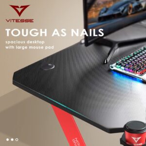 VITESSE Gaming Desk 63 Inch, Ergonomic Gamer Computer Desk with Mouse Pad, PC Gaming Tables with Gaming Handle Rack, Cup Holder Headphone Hook