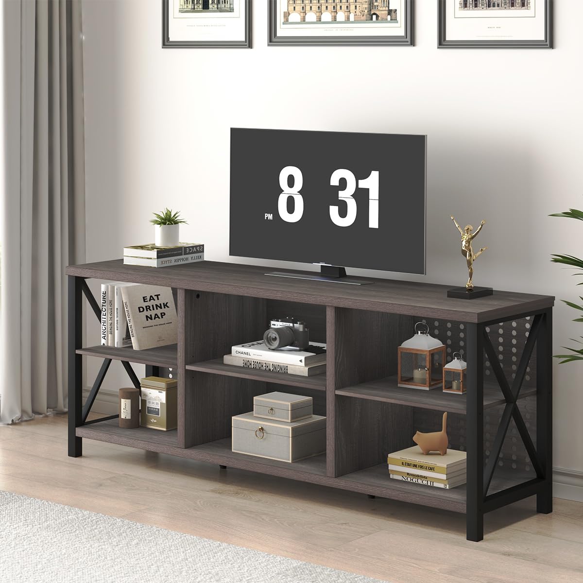 LVB Rustic TV Stand, Industrial Entertainment Center for 70 Inch TV, Long Wood and Metal Television Stand with Storage, Large Modern Farmhouse Media Console Table for Living Bedroom, Rustic Oak, 59 In