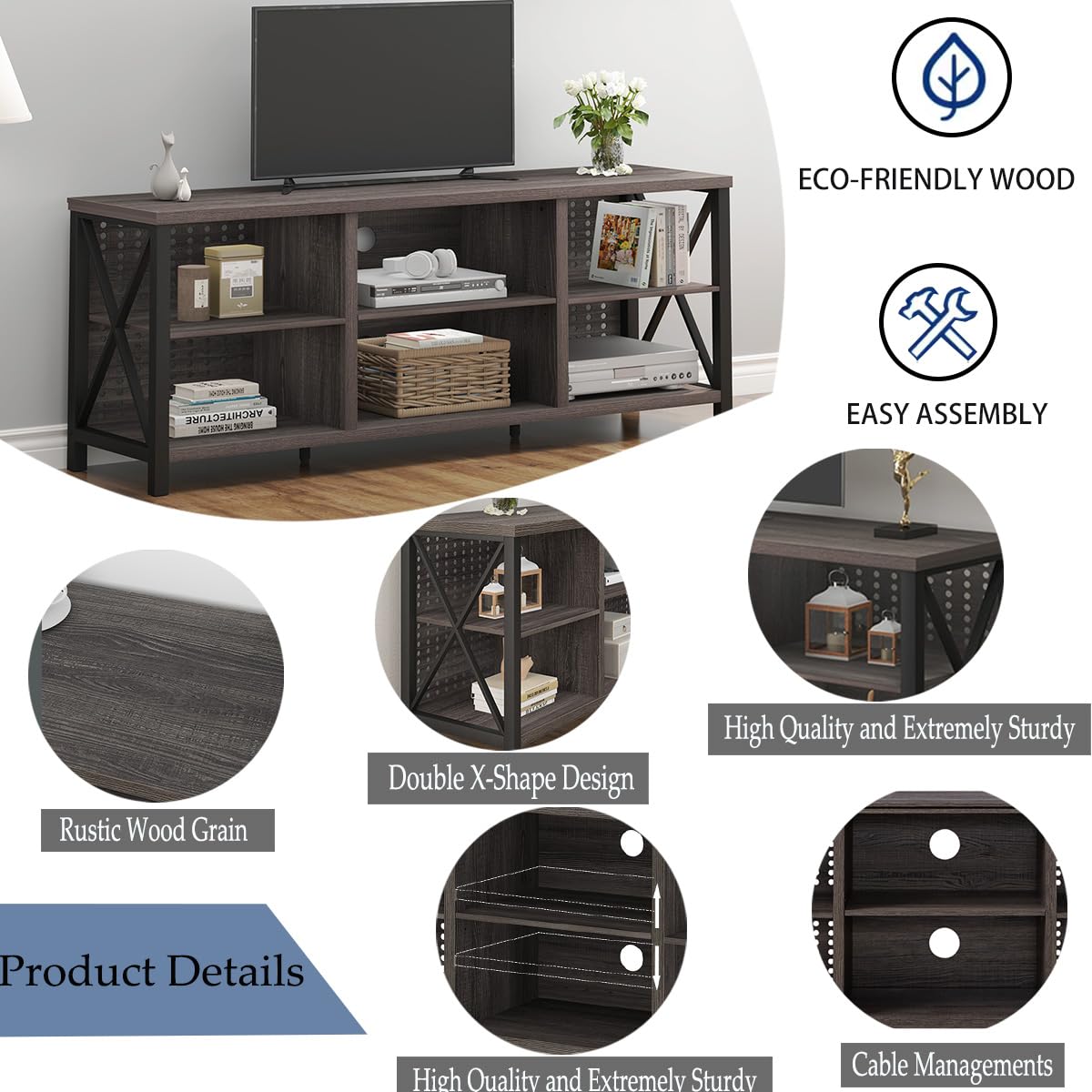 LVB Rustic TV Stand, Industrial Entertainment Center for 70 Inch TV, Long Wood and Metal Television Stand with Storage, Large Modern Farmhouse Media Console Table for Living Bedroom, Rustic Oak, 59 In