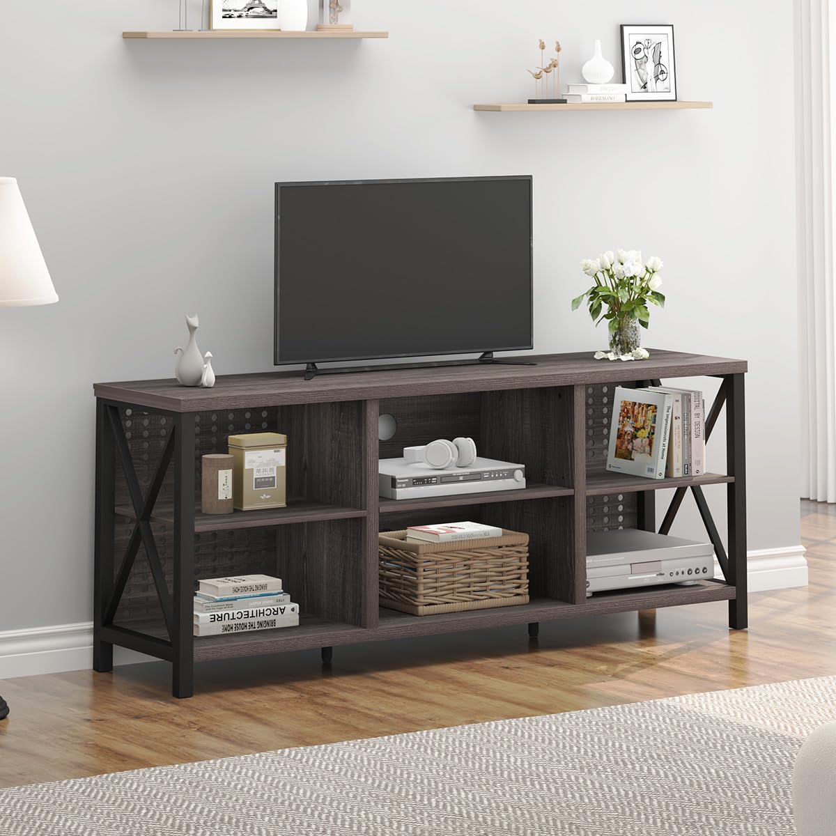 LVB Rustic TV Stand, Industrial Entertainment Center for 70 Inch TV, Long Wood and Metal Television Stand with Storage, Large Modern Farmhouse Media Console Table for Living Bedroom, Rustic Oak, 59 In