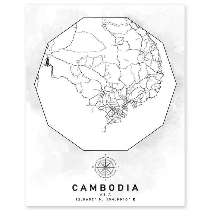 Cambodia Asia Aerial Street Map Wall Print - World Geography Classroom Decor