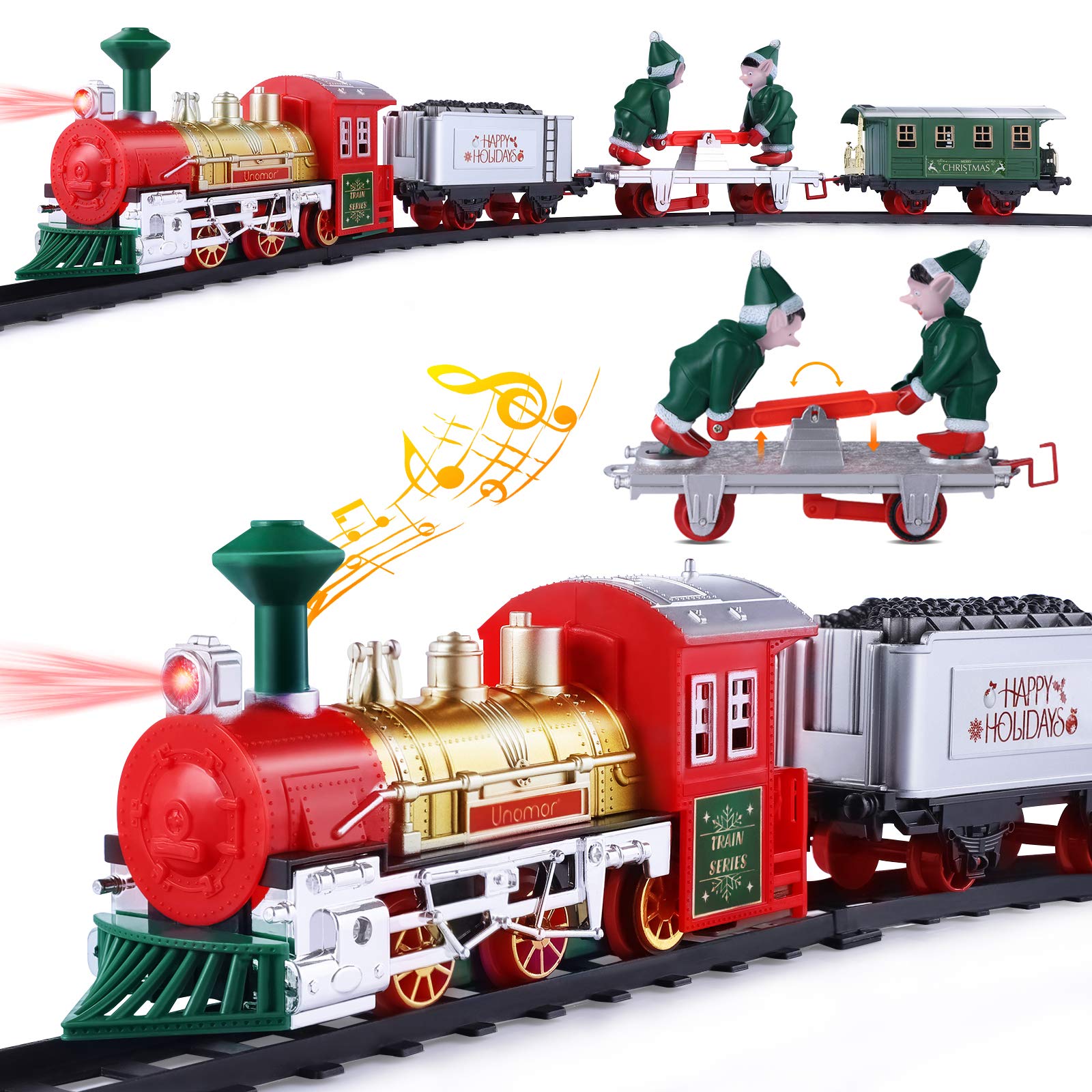 Unomor Train Set with Elf Handcar, Electric Train Set with Light & Sound, Steam Train Railway Tracks Christmas Train Gifts