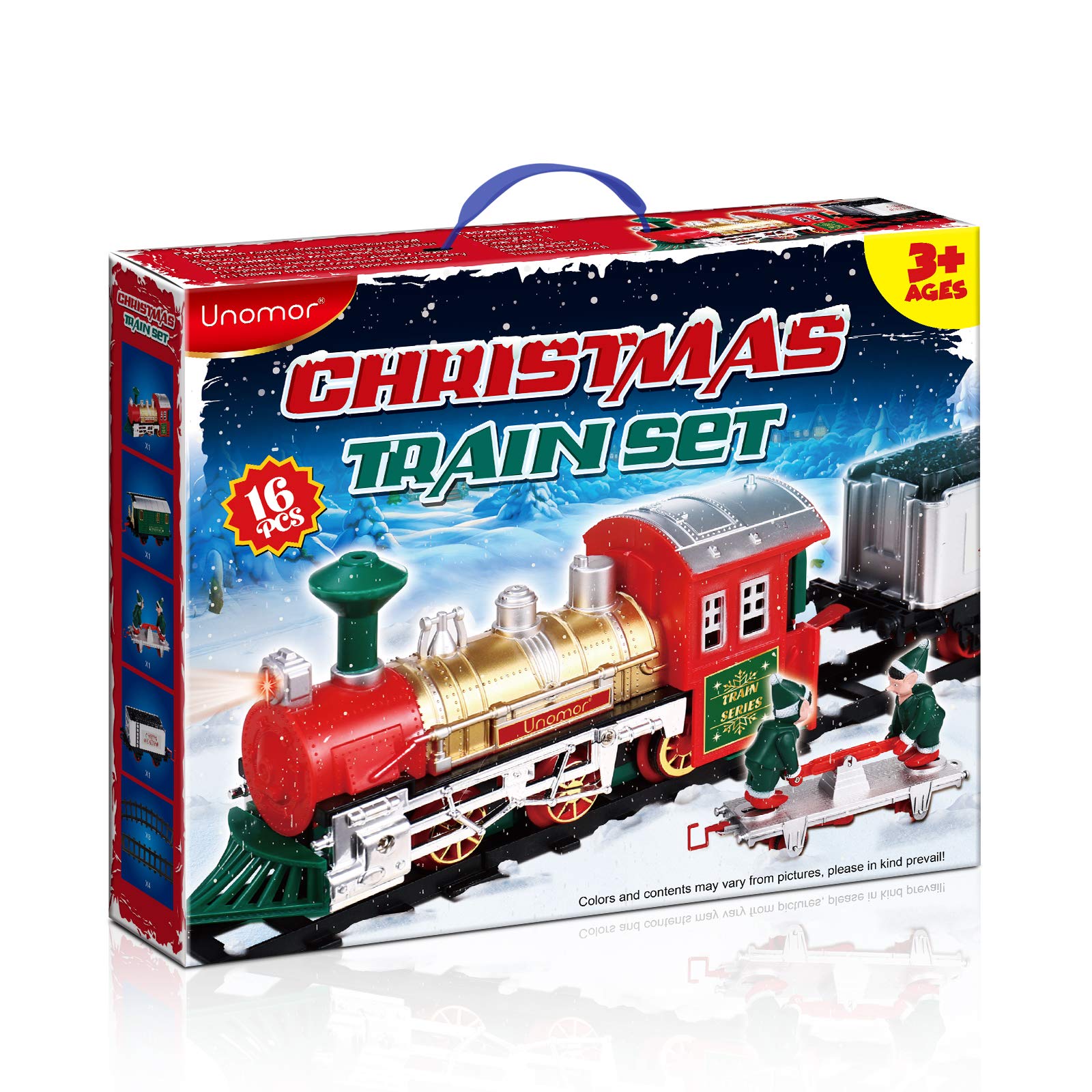 Unomor Train Set with Elf Handcar, Electric Train Set with Light & Sound, Steam Train Railway Tracks Christmas Train Gifts