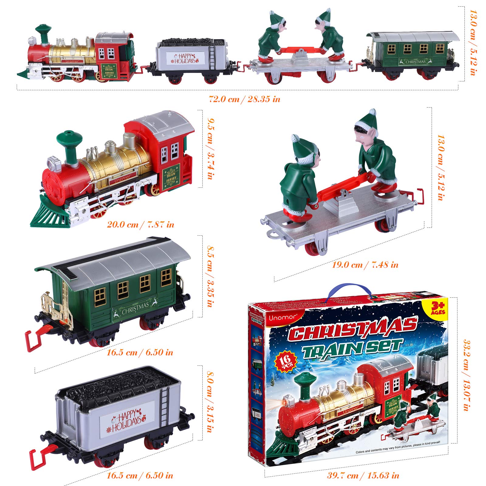 Unomor Train Set with Elf Handcar, Electric Train Set with Light & Sound, Steam Train Railway Tracks Christmas Train Gifts