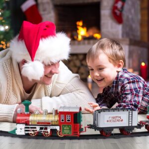 Unomor Train Set with Elf Handcar, Electric Train Set with Light & Sound, Steam Train Railway Tracks Christmas Train Gifts