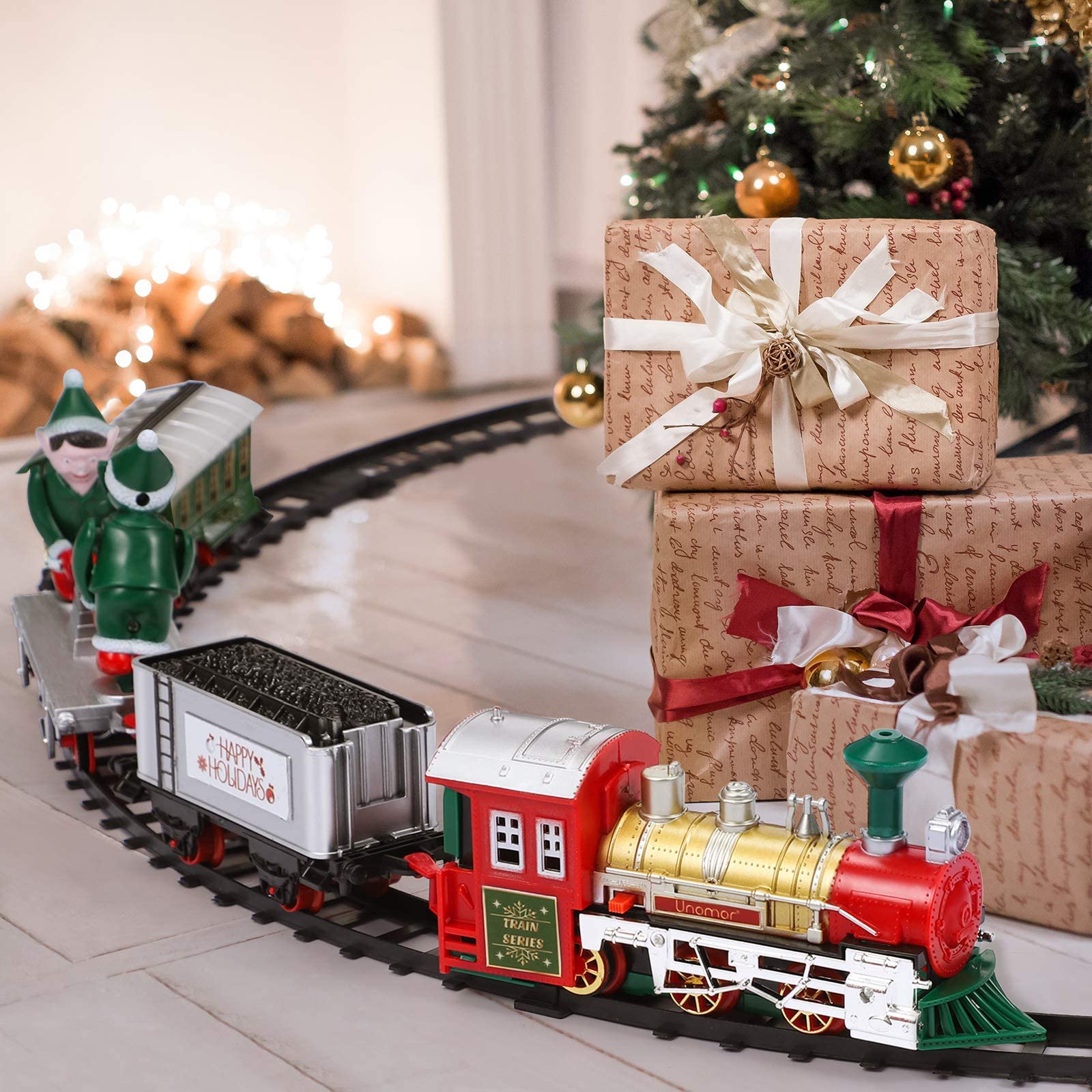 Unomor Train Set with Elf Handcar, Electric Train Set with Light & Sound, Steam Train Railway Tracks Christmas Train Gifts