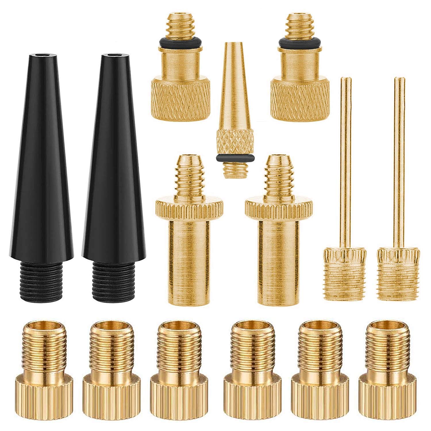 Bicycle Presta and Schrader Valve Adapter - 15 Pcs Bike Brass DV AV SV Tire Valve Inflator Adapters Set,Ball Pump Needle Inflation Devices & Accessories for Bike Tire Air Compressor