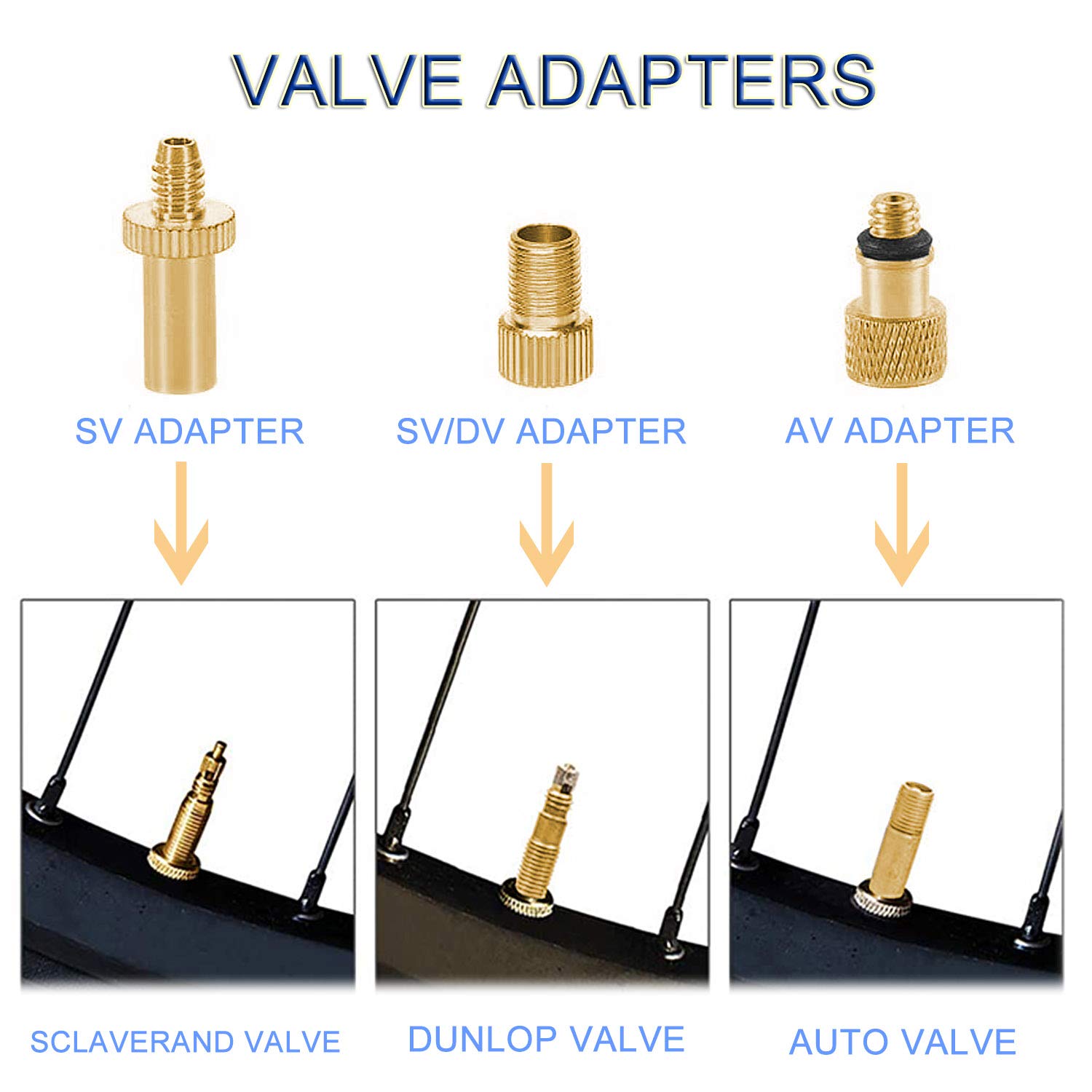 Bicycle Presta and Schrader Valve Adapter - 15 Pcs Bike Brass DV AV SV Tire Valve Inflator Adapters Set,Ball Pump Needle Inflation Devices & Accessories for Bike Tire Air Compressor