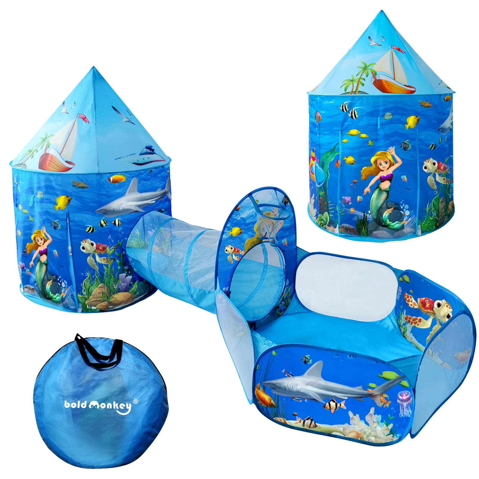 Kids Play Tent 3pc Ocean World Toy Tunnel and Ball Pit for Boys, Girls, Babies and Toddlers - Indoor/Outdoor Pop Up Playhouse, Easy to Setup(Balls Not Included)