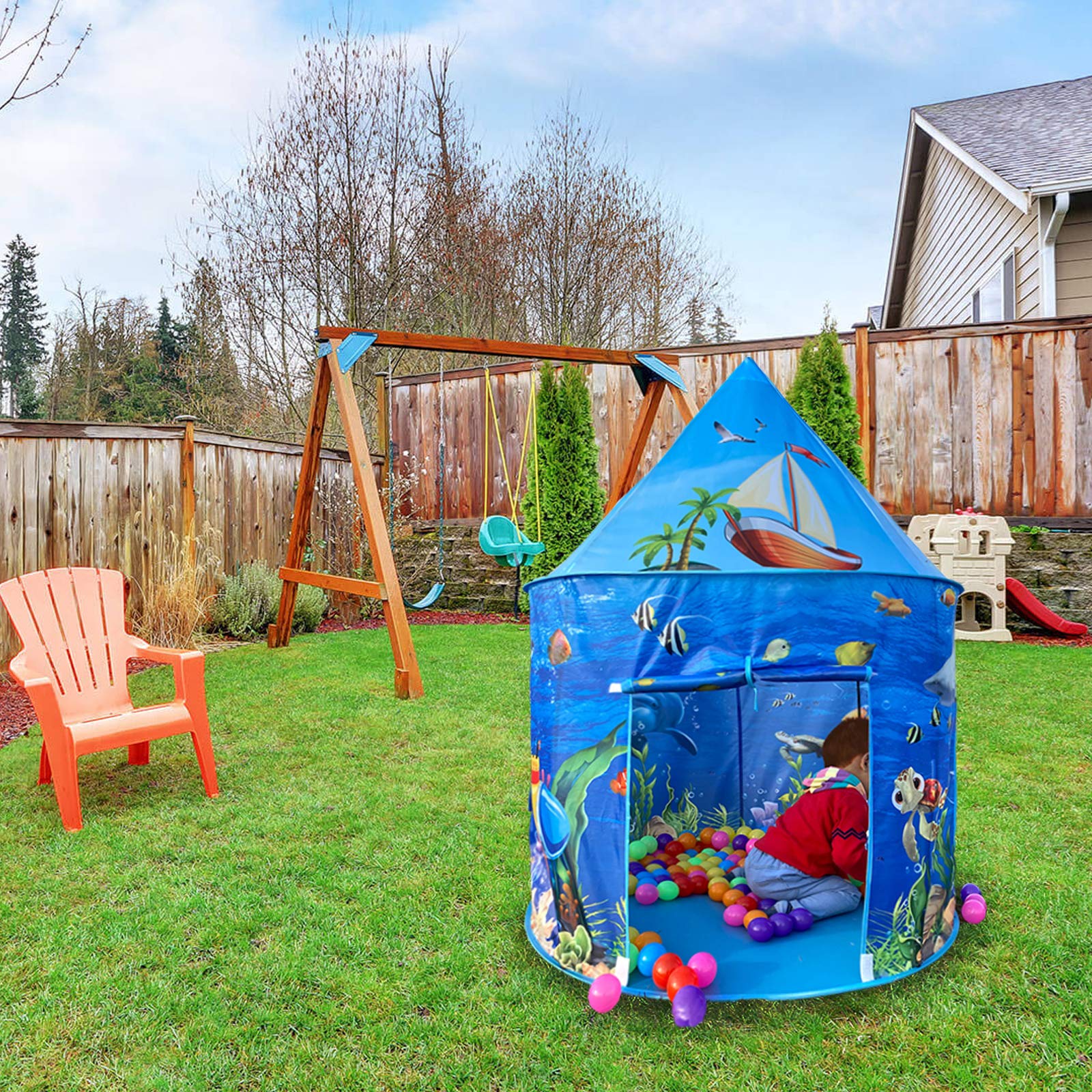 Kids Play Tent 3pc Ocean World Toy Tunnel and Ball Pit for Boys, Girls, Babies and Toddlers - Indoor/Outdoor Pop Up Playhouse, Easy to Setup(Balls Not Included)