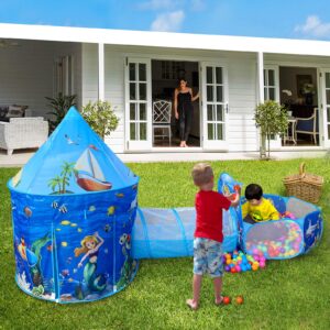 Kids Play Tent 3pc Ocean World Toy Tunnel and Ball Pit for Boys, Girls, Babies and Toddlers - Indoor/Outdoor Pop Up Playhouse, Easy to Setup(Balls Not Included)