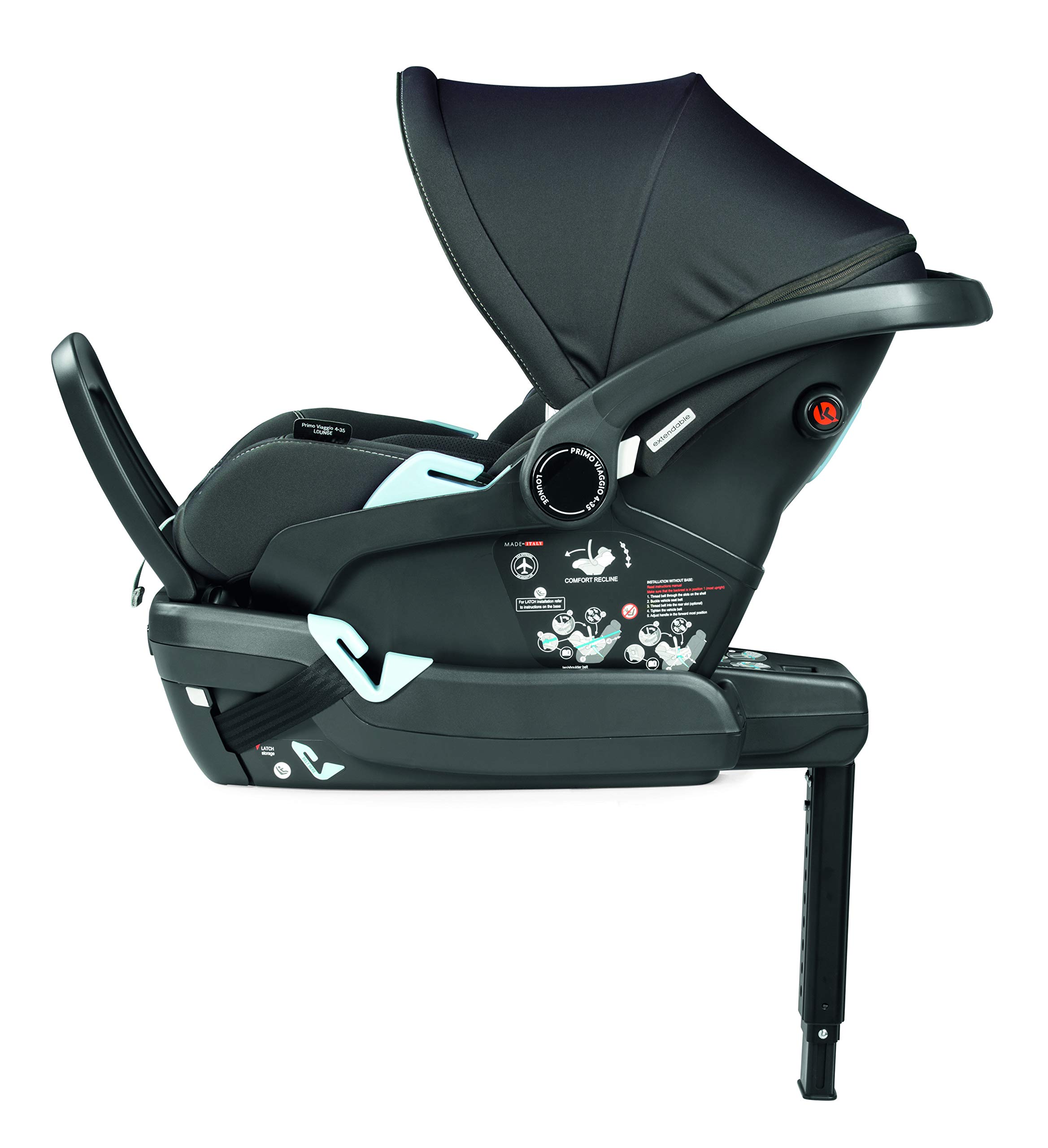 Peg Perego Primo Viaggio 4-35 Lounge - Reclining Rear Facing Infant Car Seat - Includes Base with Load Leg & Anti-Rebound Bar - for Babies 4 to 35 lbs - Made in Italy - Onyx (Black)