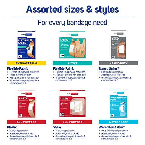 Care Science Variety Bandages Pack, 300 ct Bulk Assorted Sizes | Includes Active, All-Purpose, Waterproof, and Heavy-Duty Bandages. Breathable Protection Helps Prevent Infection for First Aid