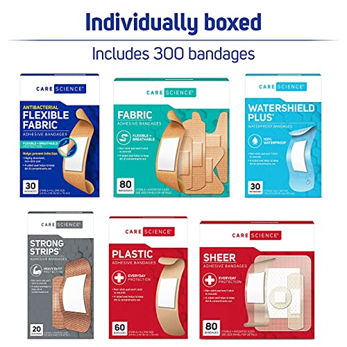 Care Science Variety Bandages Pack, 300 ct Bulk Assorted Sizes | Includes Active, All-Purpose, Waterproof, and Heavy-Duty Bandages. Breathable Protection Helps Prevent Infection for First Aid