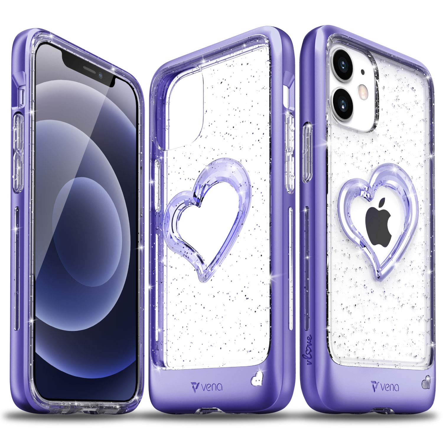 VENA iPhone 12 Mini Glitter Case, vLove (Heart Shape, CornerGuard Protection) Dual Layer Slim Hybrid Clear Bumper Cover Designed for Apple iPhone 12 Mini (5.4"-inch) - Purple