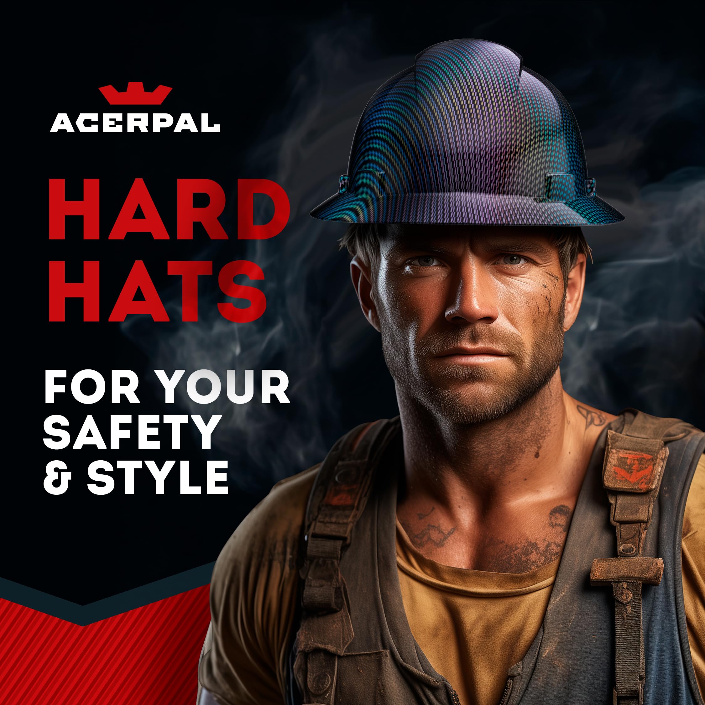 Acerpal Full Brim Non-Vented Color Weave Carbon Fiber Design Gloss Finish OSHA Hard Hat with 6-Point Suspension