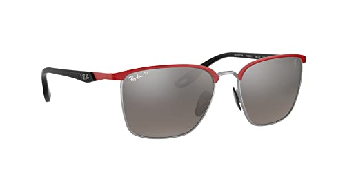 Ray-Ban RB3673M Scuderia Collection Square Sunglasses, Red Ferrari On Silver/Chromance Grey Mirrored Grey Gradient Polarized, 56 mm