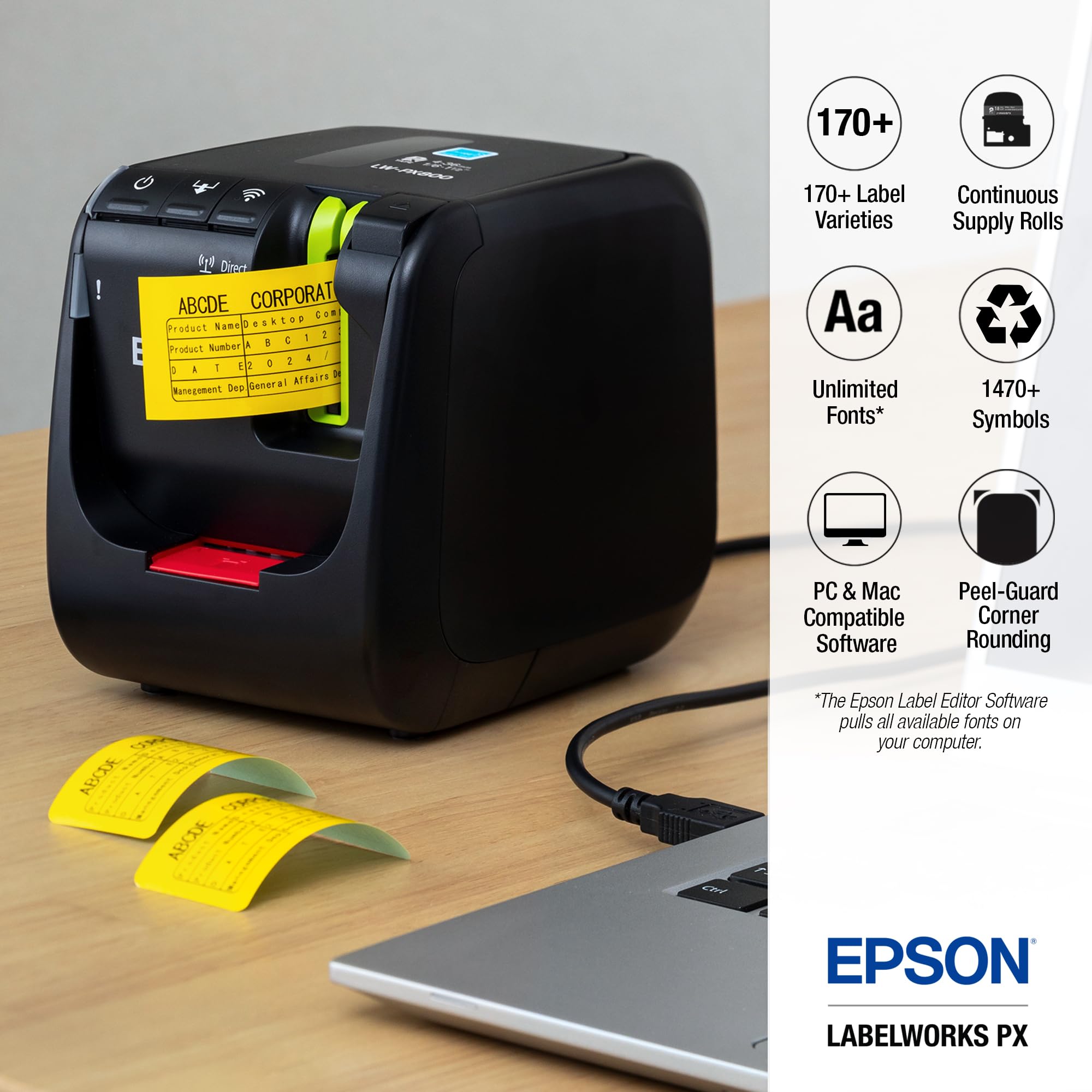 LABELWORKS Epson LW-PX800 Industrial Wireless Label Maker - Desktop Label Printer Compatible with Large Variety of Tape Types