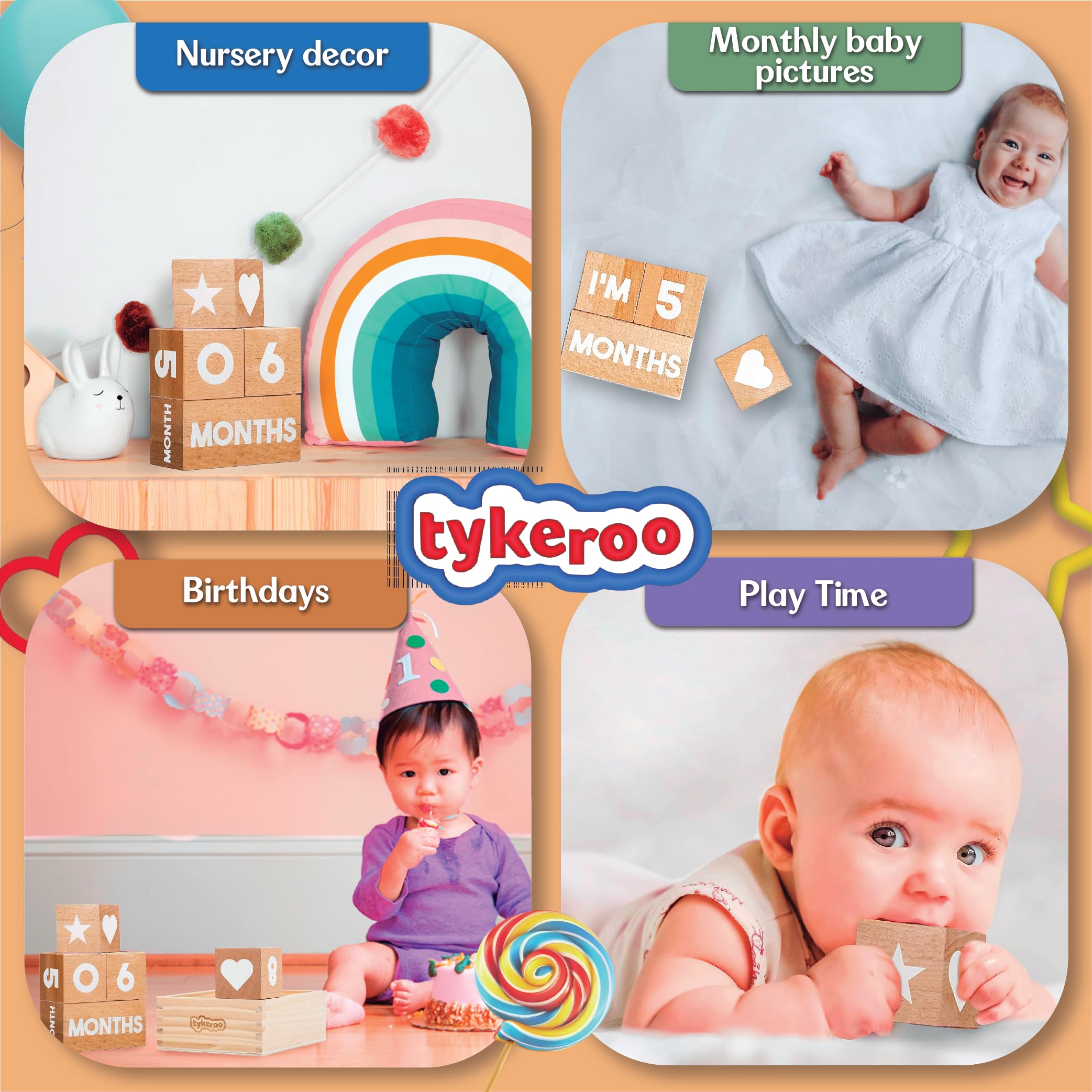 Tykeroo Baby Monthly Milestone Blocks — Cute Nursery Decor — Lovely Newborn Photography Props — Baby Shower Gifts (Natural Beech)