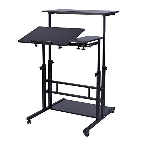 AIZ Mobile Standing Desk, Adjustable Rolling Desk with 3 Desktops, Portable Desk for Laptop, Home Office Mobile Desk Portable Standing Desk on Lockable Wheels, Dark