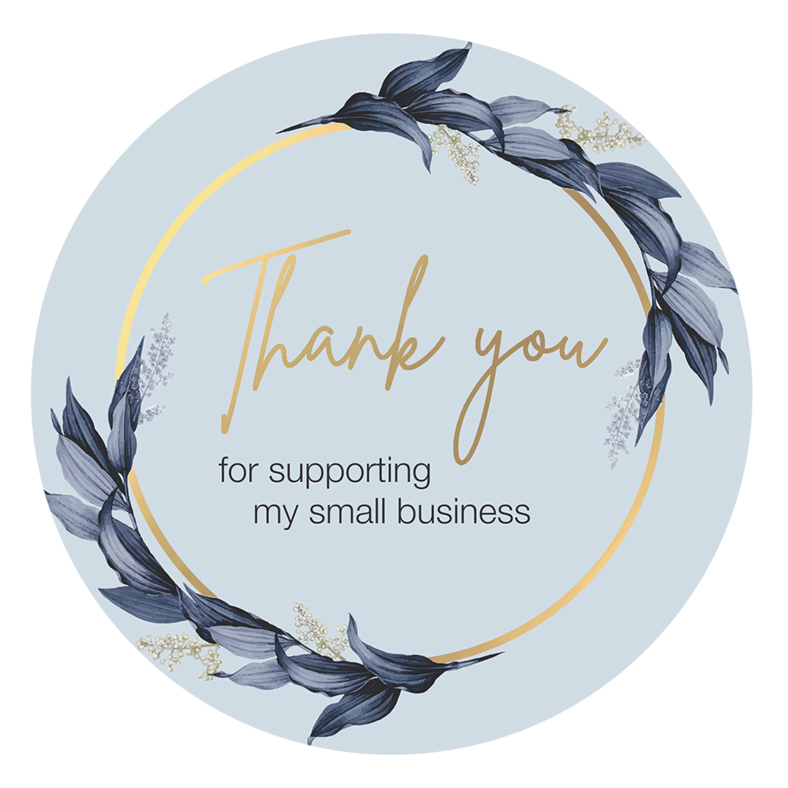 easykart labels 600 Business Thank You Stickers in roll, 1.5" Round Size| Pastel Blue Flower Bunch Design with Gold Foil | Highly Recommended for Small Business Owners.