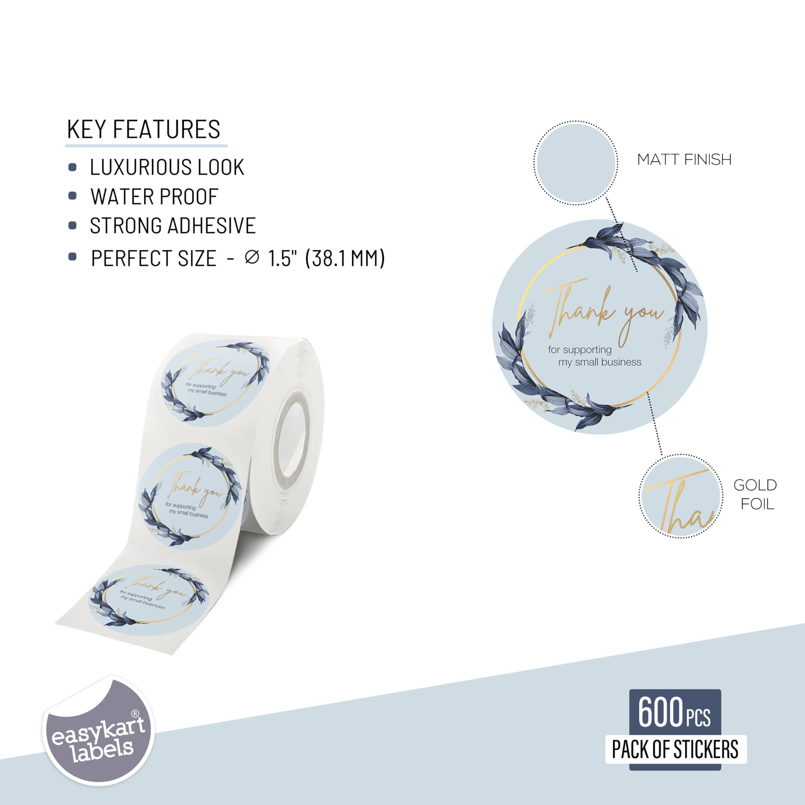 easykart labels 600 Business Thank You Stickers in roll, 1.5" Round Size| Pastel Blue Flower Bunch Design with Gold Foil | Highly Recommended for Small Business Owners.