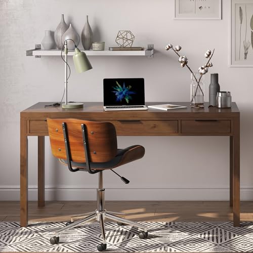 SIMPLIHOME Hollander SOLID WOOD 60 inch Wide Home Office Desk, Writing Table, Workstation, Study Table Furniture in Medium Saddle Brown with 2 Drawers