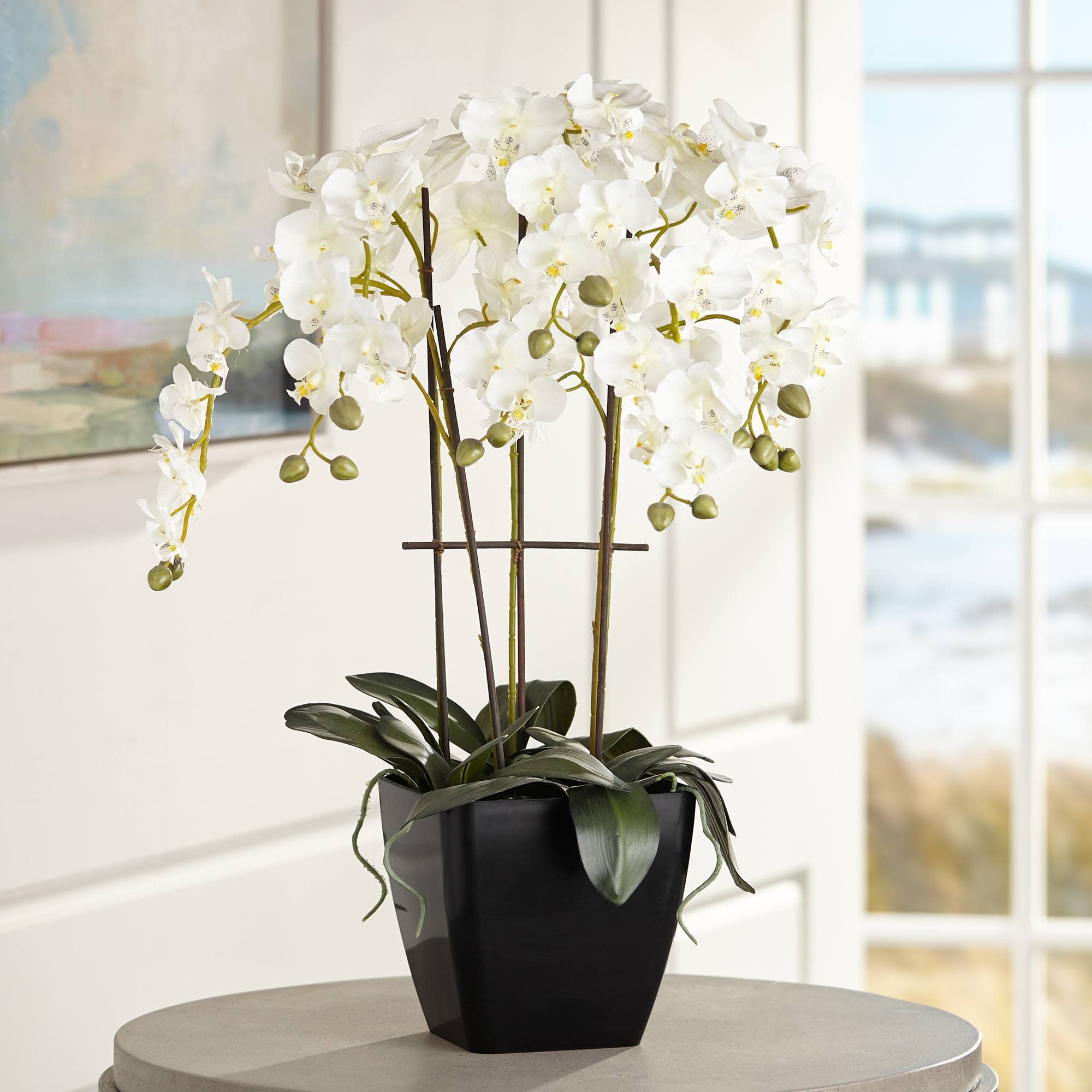 Dahlia Studios Potted Faux Artificial Flowers Arrangements Realistic White Phalaenopsis Orchid in Black Pot Home Decoration Living Room Office Bedroom Bathroom Kitchen Dining Room 25 1/2" High