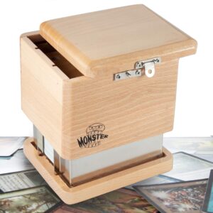 monster misdirection theft-deterrent tcg wooden deck box- fake latch won't open, slide secret anti-theft puzzle top lock to open- compatible with mtg, magic the gathering, yugioh & pokémon decks