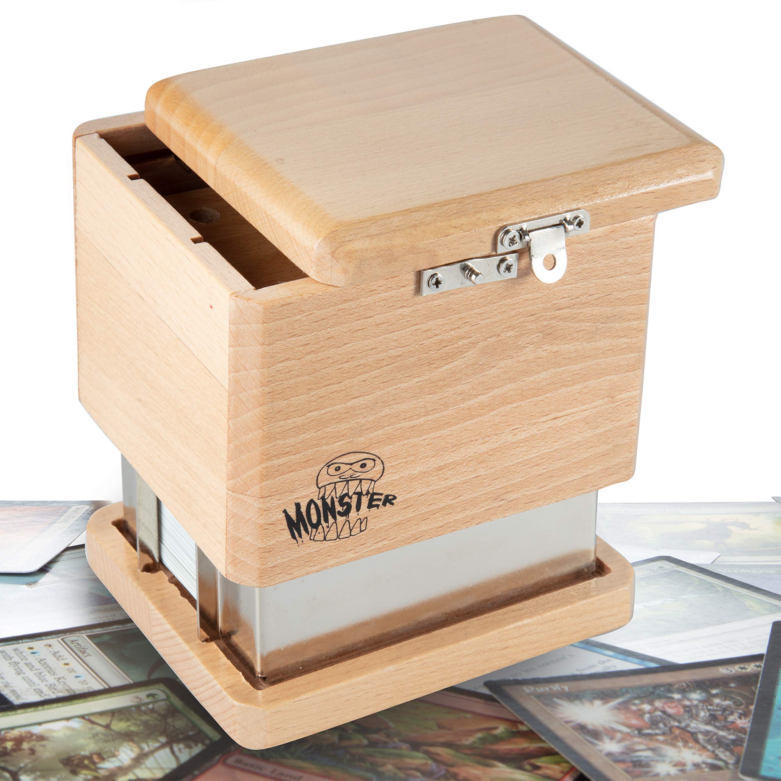 Monster Misdirection Theft-Deterrent TCG Wooden Deck Box- Fake Latch Won't Open, Slide Secret Anti-Theft Puzzle Top Lock To Open- compatible with MTG, Magic the Gathering, Yugioh & Pokémon decks