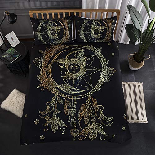 YU YANG King Bedding Duvet Cover Set Black Sun and Moon Stars 3 Piece Luxury Microfiber Down Comforter Quilt Cover with Zipper Closure