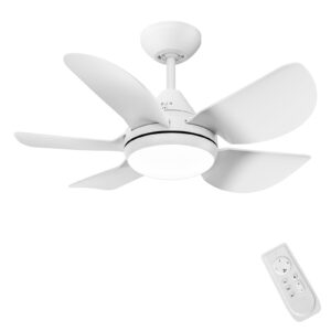 cjoy ceiling fans with lights, 30 inch small white ceiling fan with light and remote, led dimmable & memory function, 5 abs reversible blades fan light for kids bedroom/sloped ceilings