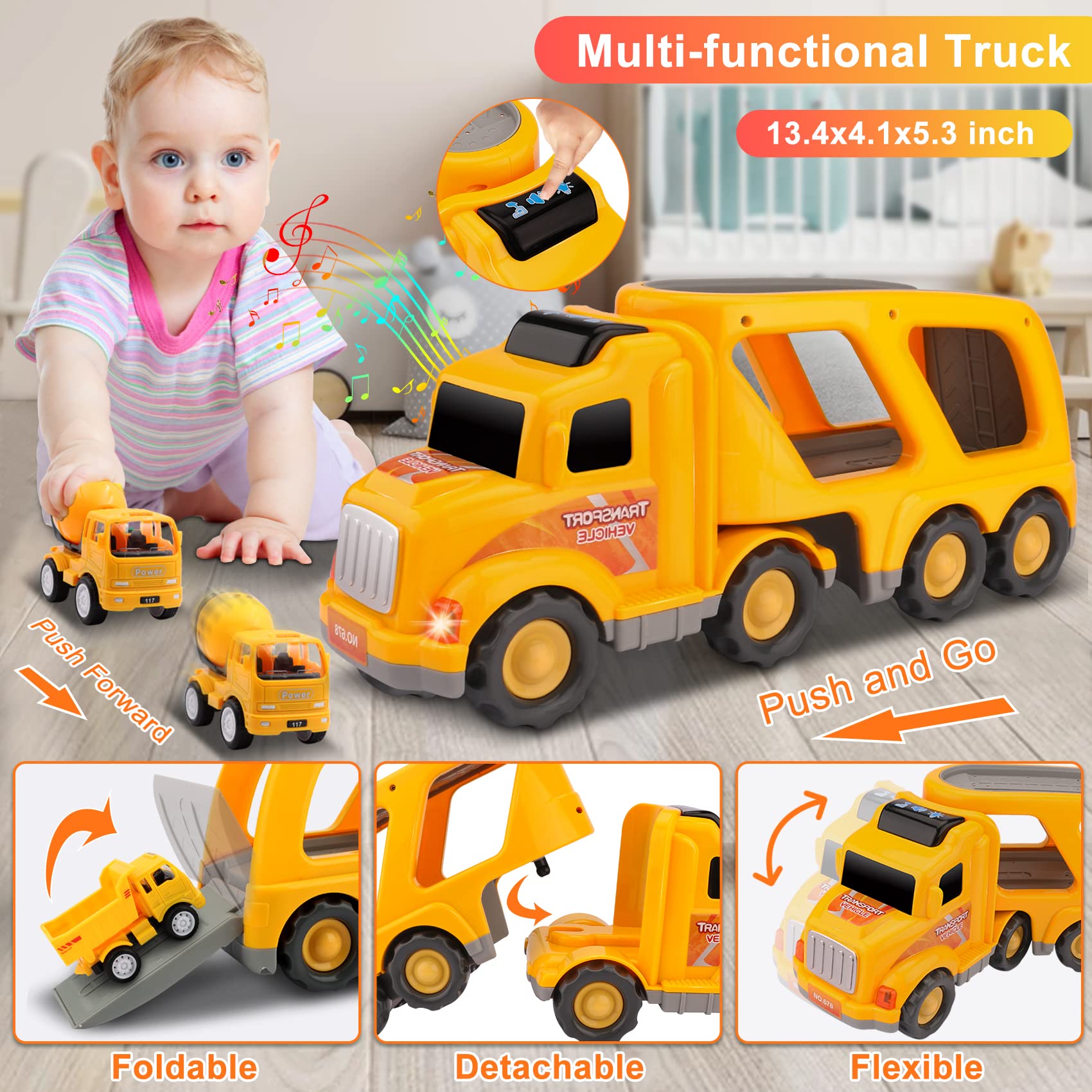 Nicmore Construction Truck Toddler Toys Car: Toys for 2 3 4 Year Old Boy 5 in 1 Carrier Toys for Kids Age 2-3 2-4 3-5 | 18 Months 2 Year Old Boy Christmas Birthday Gifts