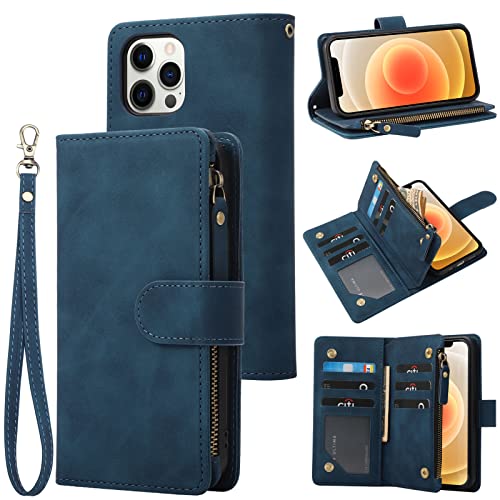 RANYOK Wallet Case Compatible iPhone 12 Pro Max (6.7 inch), Premium PU Leather Zipper Flip RFID Blocking Wallet with Wrist Strap Magnetic Closure Built-in Kickstand Protective Case - Blue