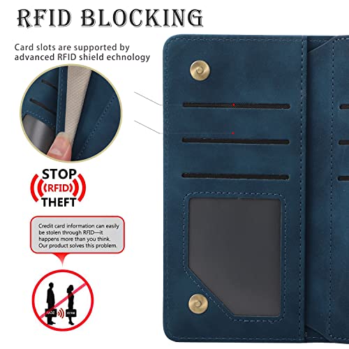 RANYOK Wallet Case Compatible iPhone 12 Pro Max (6.7 inch), Premium PU Leather Zipper Flip RFID Blocking Wallet with Wrist Strap Magnetic Closure Built-in Kickstand Protective Case - Blue