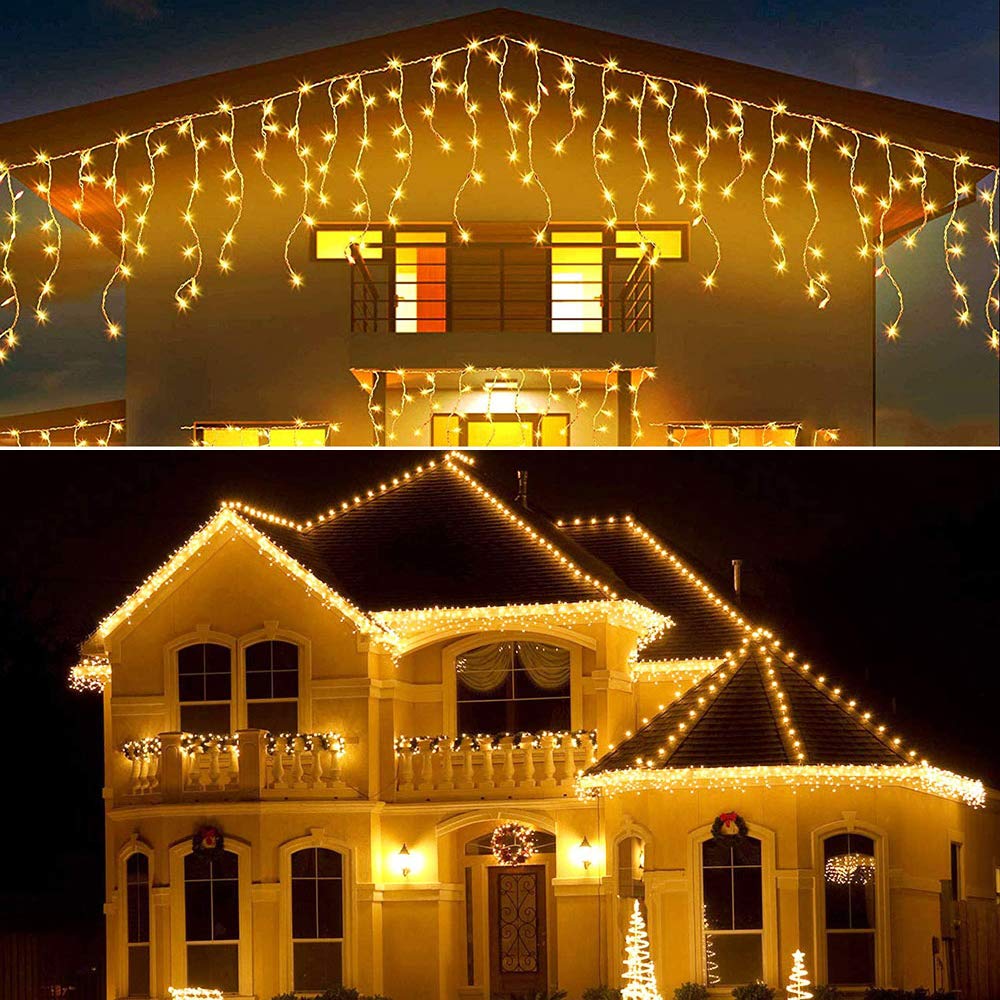 LED Icicle Christmas Lights Outdoor/Indoor 42.6ft(32.8ft+9.8ft) 60 Drops with 300 LED, 8 Lighting Modes, Connectable Icicle Lights, for Christmas Garden Wedding Party Patio Eave Decorations - Warm