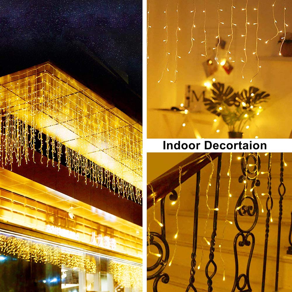 LED Icicle Christmas Lights Outdoor/Indoor 42.6ft(32.8ft+9.8ft) 60 Drops with 300 LED, 8 Lighting Modes, Connectable Icicle Lights, for Christmas Garden Wedding Party Patio Eave Decorations - Warm