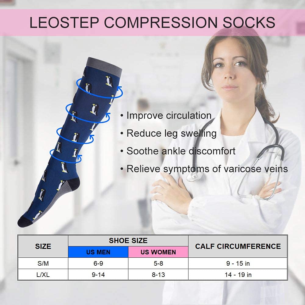 LEOSTEP Fun Animal Compression Socks for Women & Men Circulation, Knee High Support for Sports, Travel, Athletic, Skating