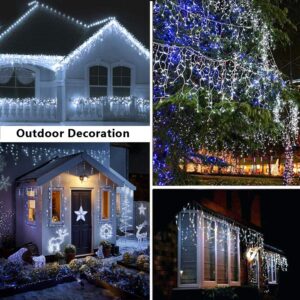 Icicle Christmas Lights Outdoor White - 32.8ft 300 LED Icicle String Lights with 8 Lighting Modes - Connectable Outside Icicle Lights for Xmas/Hourse/Garden/Wedding/Party/Patio/Eave Decorations - Cool