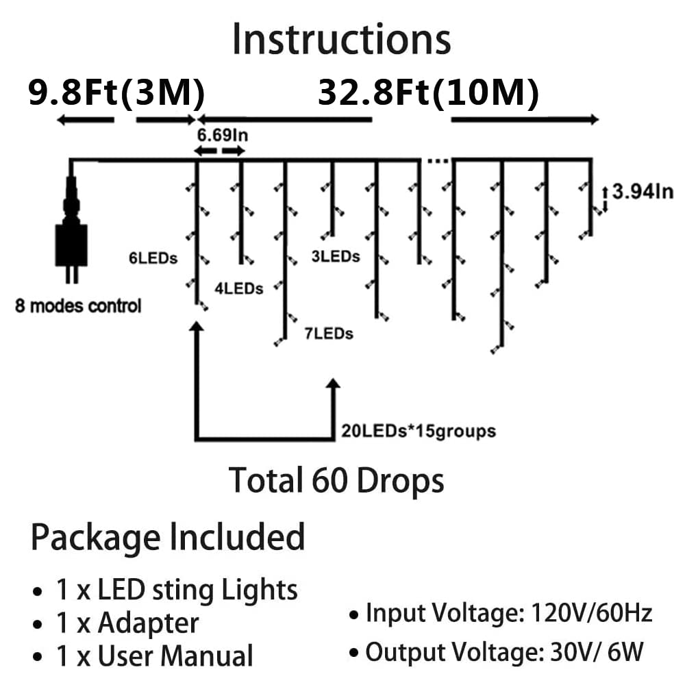 Icicle Christmas Lights Outdoor White - 32.8ft 300 LED Icicle String Lights with 8 Lighting Modes - Connectable Outside Icicle Lights for Xmas/Hourse/Garden/Wedding/Party/Patio/Eave Decorations - Cool