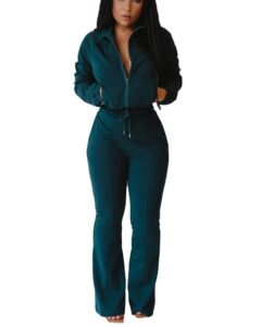 bluewolfsea tracksuit for women set - two piece outfits casual long sleeve zip top sweatshirt + bell bottoms jogging sets small green