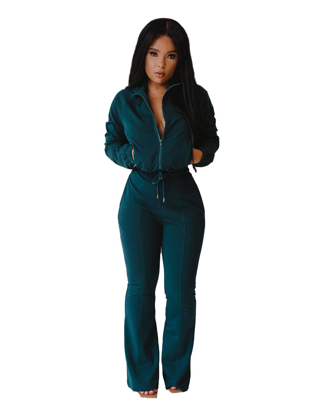 Bluewolfsea Tracksuit for Women Set - Two Piece Outfits Casual Long Sleeve Zip Top Sweatshirt + Bell Bottoms Jogging Sets Small Green