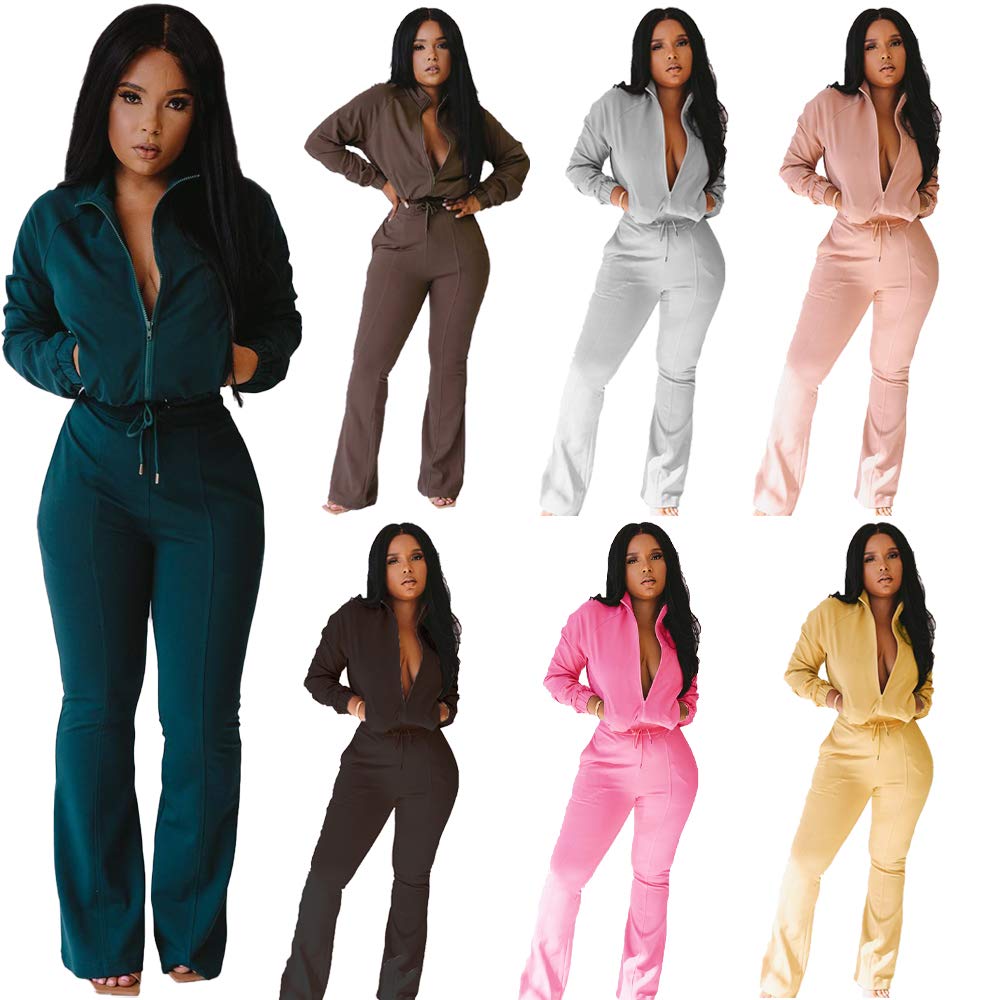 Bluewolfsea Tracksuit for Women Set - Two Piece Outfits Casual Long Sleeve Zip Top Sweatshirt + Bell Bottoms Jogging Sets Small Green